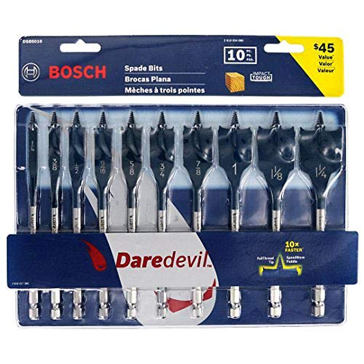 BOSCH DSB5010 Daredevil 10-Piece Standard Spade Bit Set w/ Full cone Threading and Spurred Tip , Blue