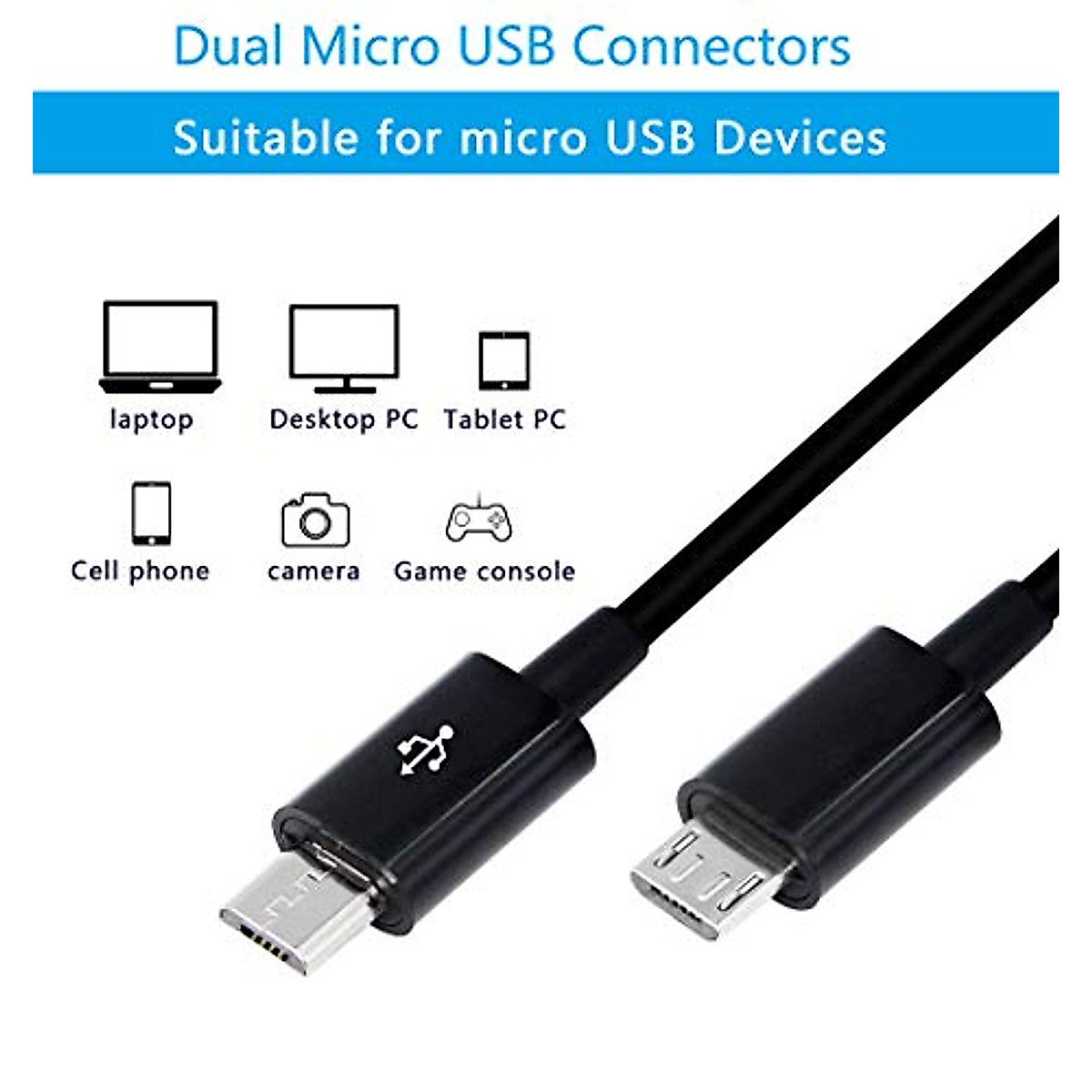 CERRXIAN 8 Inch USB 2.0 Type A Male to Dual Micro USB Male Splitter Y Data Charge Connector Adapter Cable (Black)