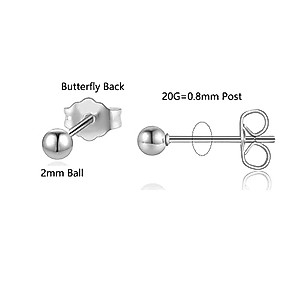 Tiny 2mm Ball Stud Earrings for Women Girls,Dainty Mini Ball Earrings for Cartilage Helix Earlobe Piercing 316L Surgical Stainess Steel Hypoallergenic(2mm, Silver)