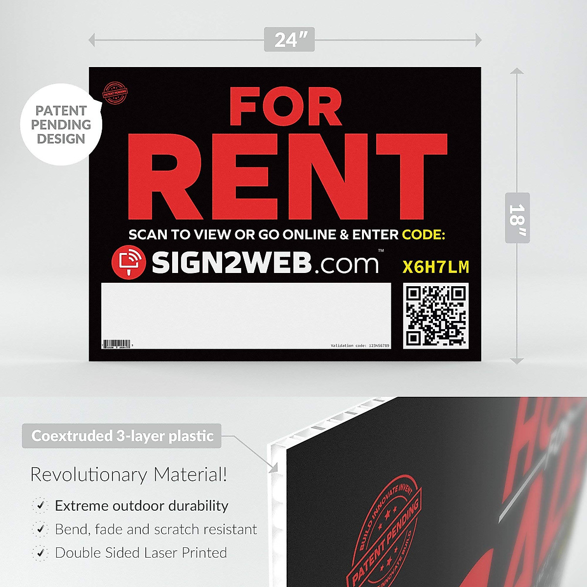 WEB ENABLED For Rent Real Estate Sign - Large 24” x 18” LASER PRINTED High Visibility For Rent Yard Sign - Double Sided House For Rent Sign - THE EVOLVED FOR RENT SIGN SOLUTION!