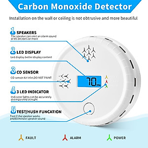 Carbon Monoxide Alarm Detector,CO Gas Monitor Alarm Detector,CO Sensor with LED Digital Display, 85dB Sound Alarm for Home,Office (Batteries NOT Included) (1piece)