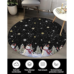 Christmas Black Fluffy Round Area Rug Carpets 3ft, Plush Shaggy Carpet Soft Circular Rugs, Non-Slip Fuzzy Accent Floor Mat for Living Room Bedroom Nursery Home Decor Snowman Gold Snowflake Xmas Tree