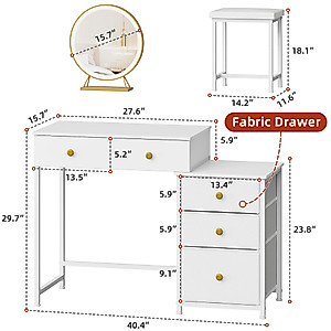 DSAFGGY Vanity Desk with Lighted Mirror and Stool, Makeup Vanity with 5 Drawers(3 Fabric), 3 Lighting Modes LED Mirror, Vanity Table for Bedroom Dresser Vanity Set, Girls Women Gift, White, 40.4" W
