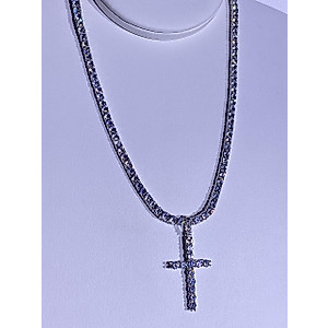 Mens 14k Rhodium Finish 4mm Tennis Link Chain Choker Iced Out Jesus Crucifix Cross Pendant Rappers Necklace Iced Prong Set Tennis Chain for Men, tennis ladies Chain Choker Jesus Necklace (18)