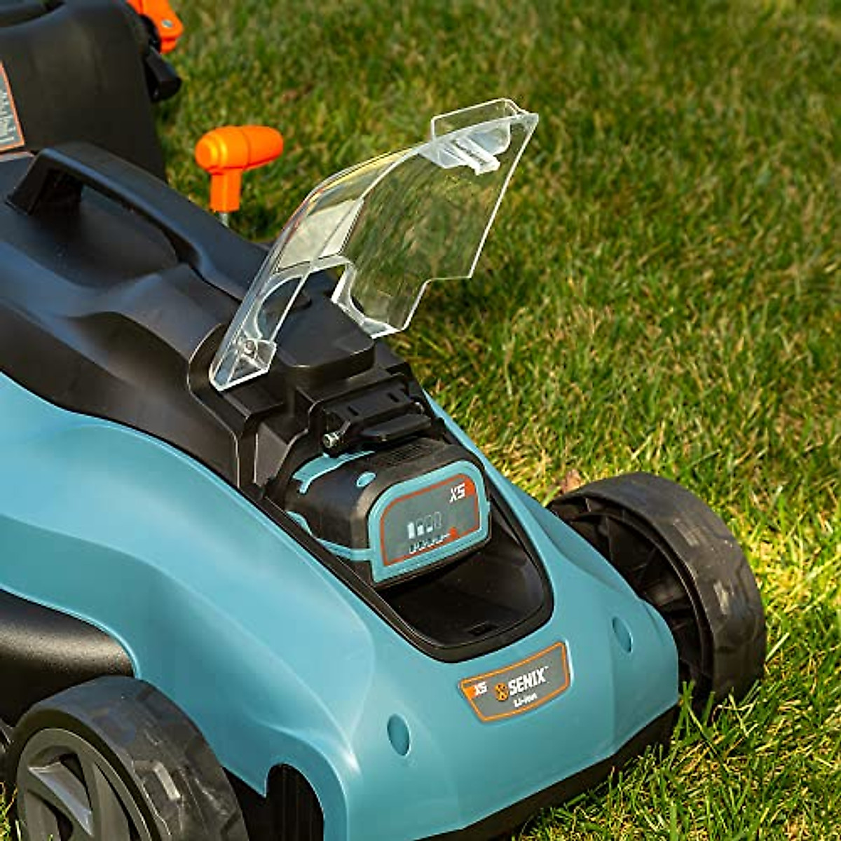 SENIX Electric Lawn Mower, 17-Inch, 58V Max* Cordless Lawn Mower with Brushless Motor, 6-Position Height Adjustment, 2.5Ah Lithium Ion Battery and Charger Included, LPPX5-M, Blue