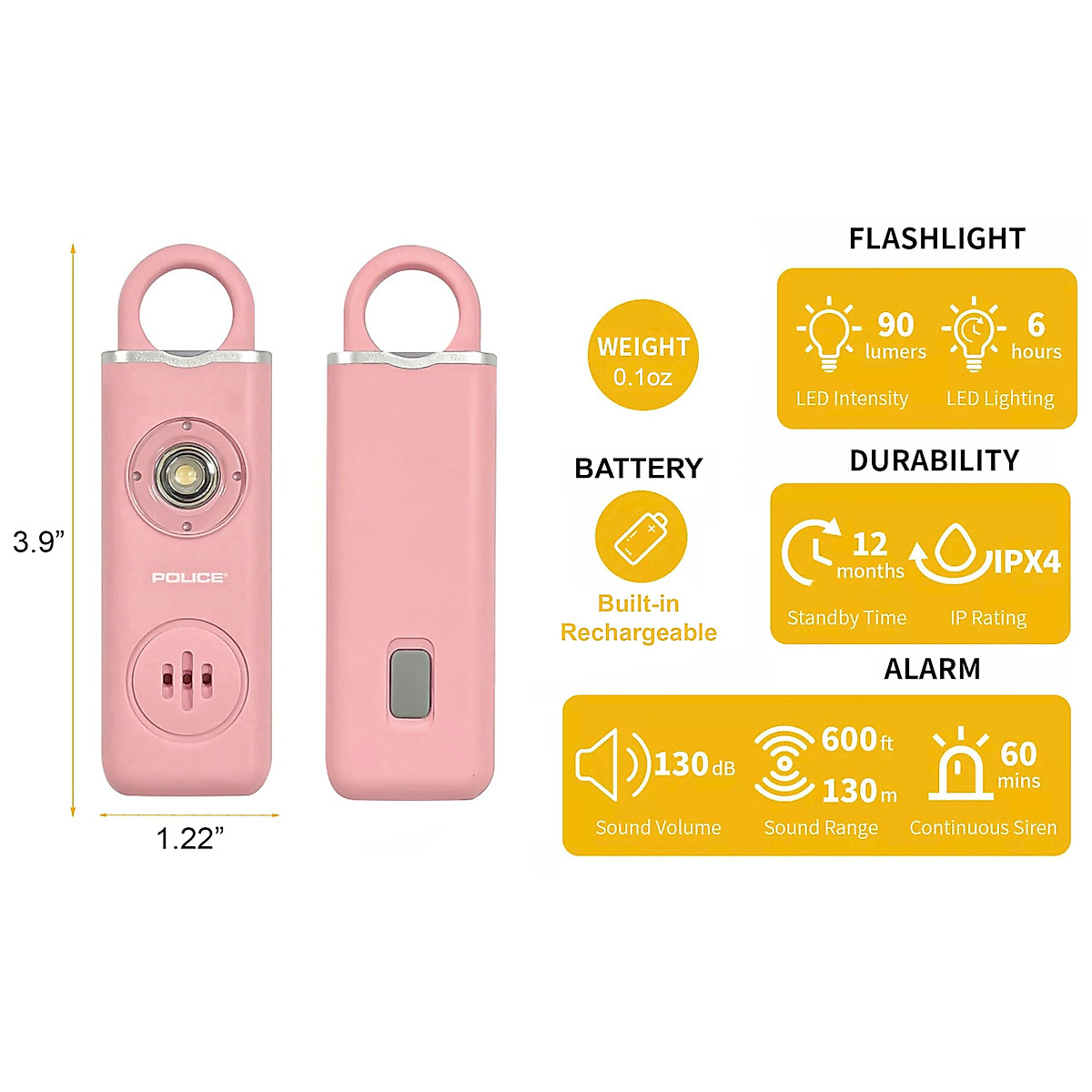POLICE Personal Safety Alarm for Women – Loud Siren, Flashlight, Strobe Light and Key Chain Rechargeable, Pink