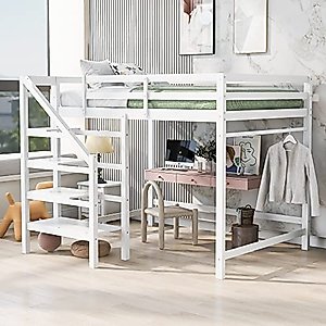 Harper & Bright Designs Full Size Loft Bed with Stairs and Hanging Rod, Wooden Full Loft Bed Frame with Storage Shelf, High Loft Beds for Kids Boys Girls Teens Dorm Bedroom (Full, White)