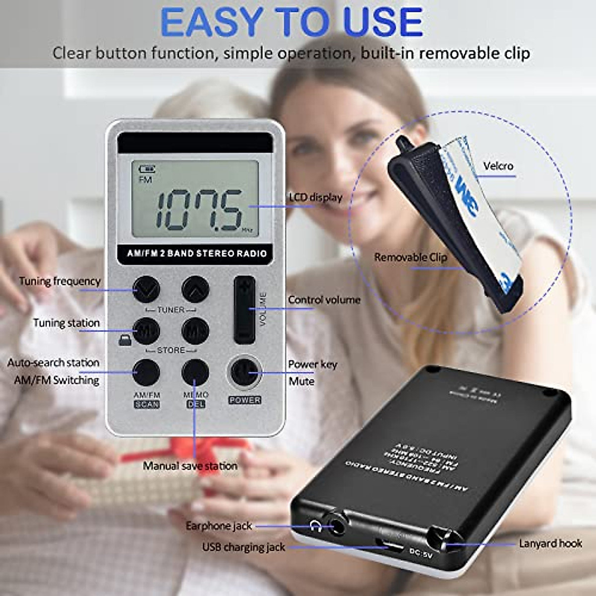 SWDSTP Portable AM FM Radio, Walkman Radio with Digital Tuning LCD Display, Rechargeable Pocket Radio with Earphone, Small Radio with Detachable Belt Clip for Walking, Jogging