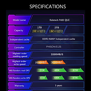 Reletech P400 M.2 2000G SSD, up to 3400MB/S PCIe3.0×4 NVMe Independent Cache Internal Hard Disk for Laptop Desktop (2TB lite)