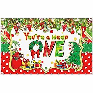 Swepuck 72x43inch Fabric You're a Mean one Merry Grinchmas Backdrop Christmas Red and Green Photography Background Xmas Party Decorations for 1st Birthday Baby Photo Banner