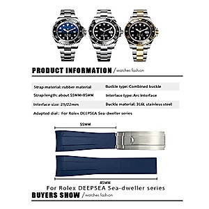 Wscebck 21mm 22mm Black Red Blue Rubber Watchband for Rolex Deepsea Sea-Dweller Submariner 41mm Diving Waterproof Silicone Watch Strap (Color : Preto, Size : 22mm Deepsea)
