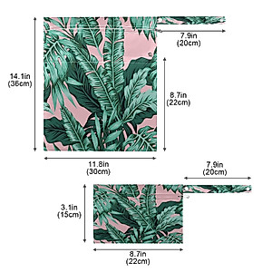2pcs Cloth Diaper Wet Dry Bags Waterproof Tropical Green Palm Leaves Pink Reusable Washable Travel Beach Yoga Gym Bag for Swimsuits Wet Clothes