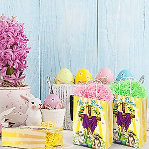 MIMIND 24 Pieces Easter Bunny Paper Gift Bags Inspiring He Is Risen Sign Candy Goodie Bags with Double Handles and Rayon Raffia for Easter Theme Bible Party Favors Egg Hunt Supplies