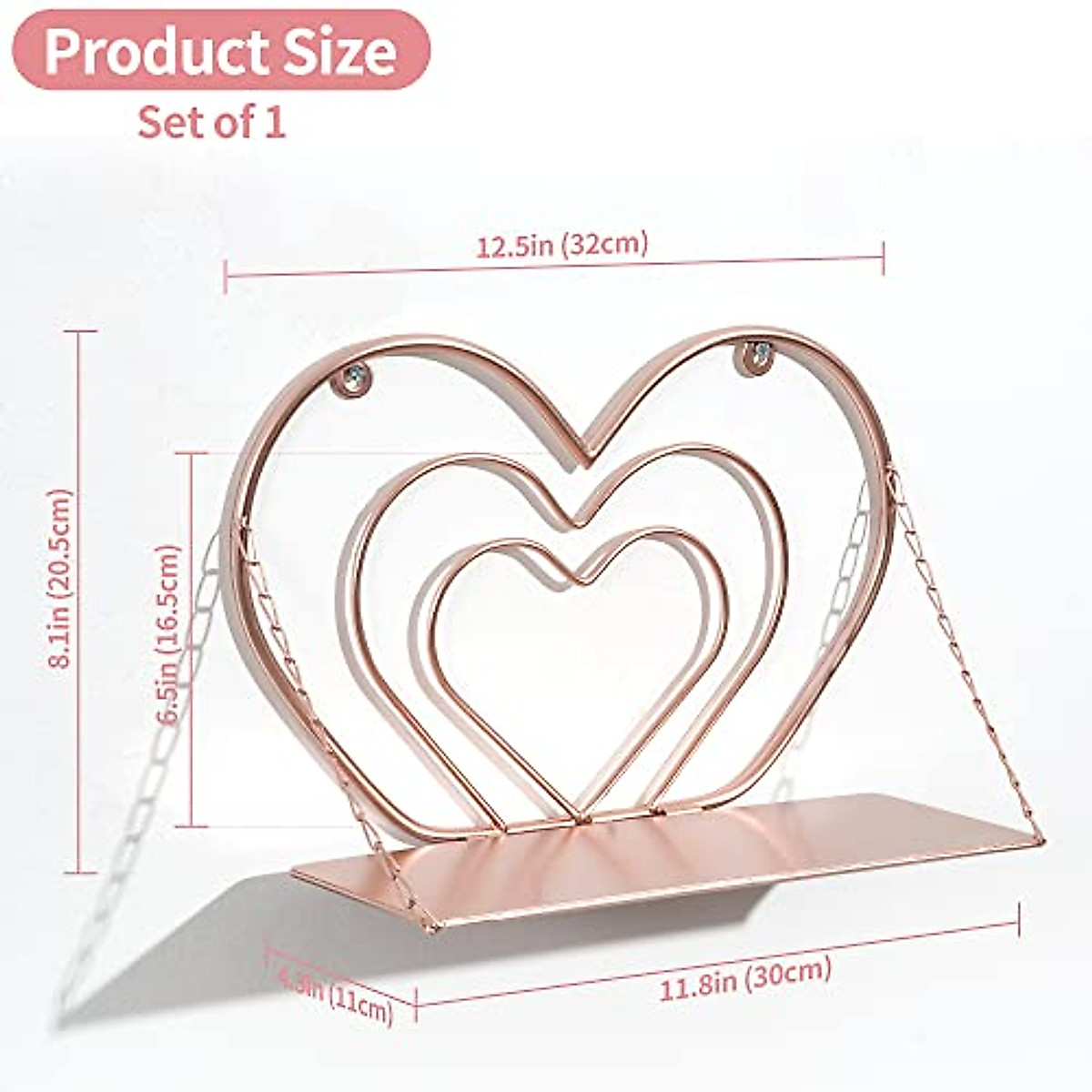 Godimerhea 12in Heart Floating Shelves for Wall, Cute Funny Heart Wall Mounted Hanging Shelf Rose Gold Unique Small Decorative Storage Racks for Bedroom, Bathroom, Living Room