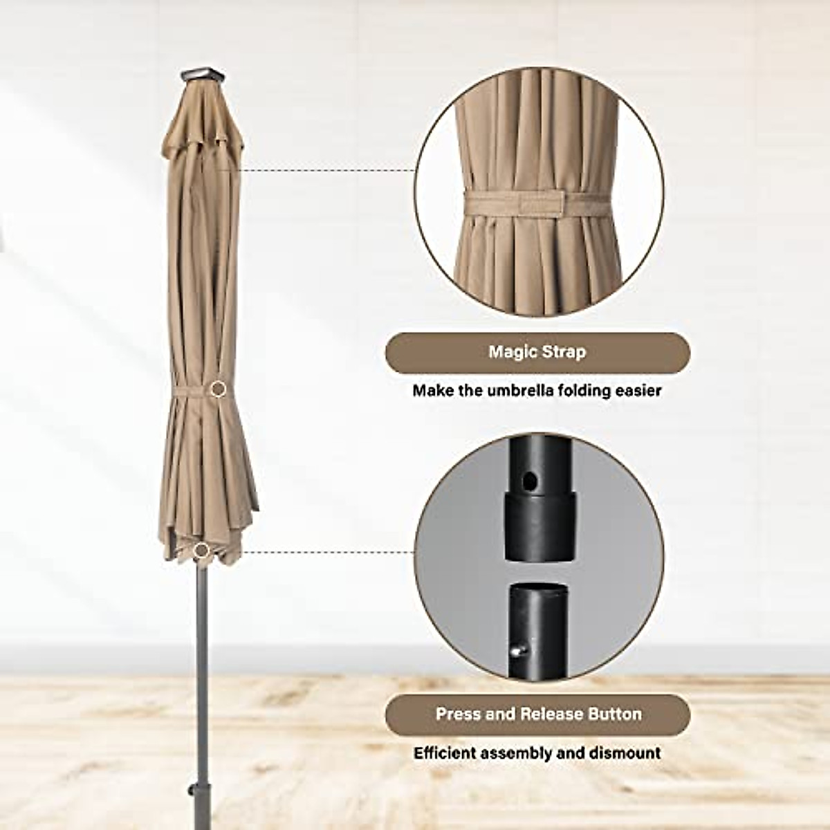 Simple Deluxe 9' Solar Umbrella 32 LED Lighted Patio Umbrella Table Market Umbrella with Push Button Tilt/Crank Outdoor Umbrella for Garden, Deck, Backyard and Pool, Tan