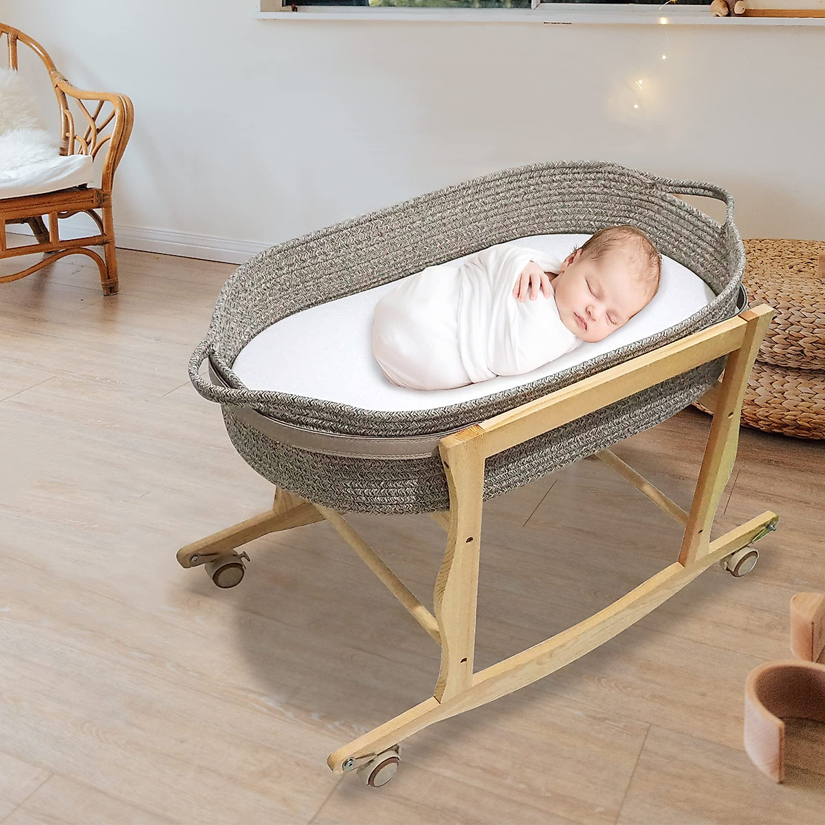 ECOADE Moses Basket Stand, Baby Moses Basket Rocker Stand - Natural Wood