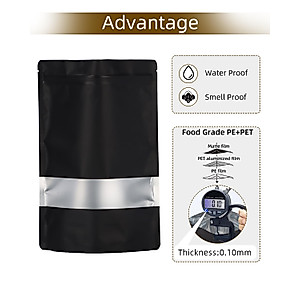 Larzack Smell Proof Bags for Food Storage, Resealable Mylar Bags with Matte Window, Foil Pouch Stand Up Sealable Bags for Packaging (Black, 3.5 * 5.1in)