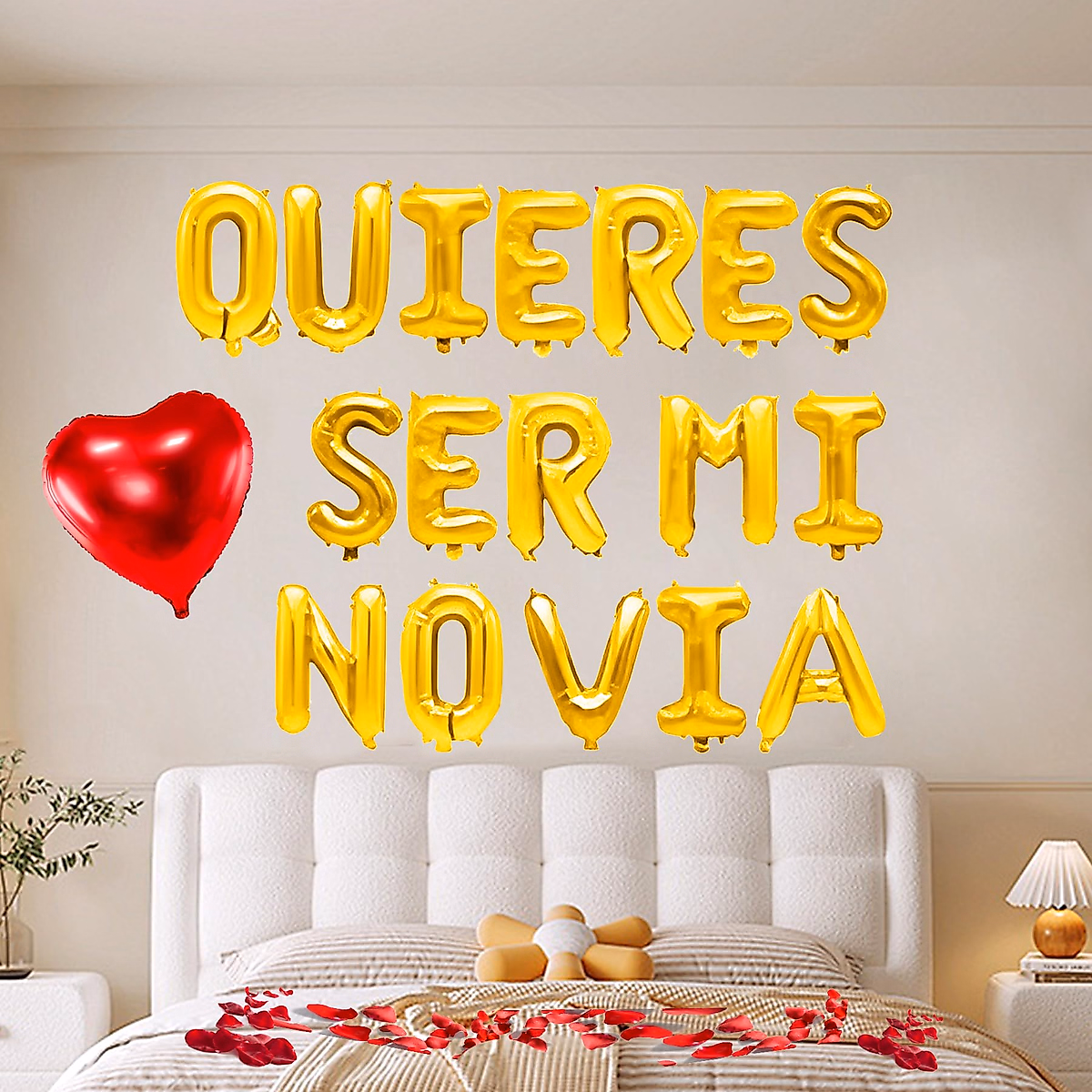 QUIERES SER MI NOVIA - 16'' Will You Be My Girlfriend Balloons Spanish with 200pcs Artificial Rose Petals for Valentines Day Decorations (Quieres Ser Mi Novia Balloons Gold)