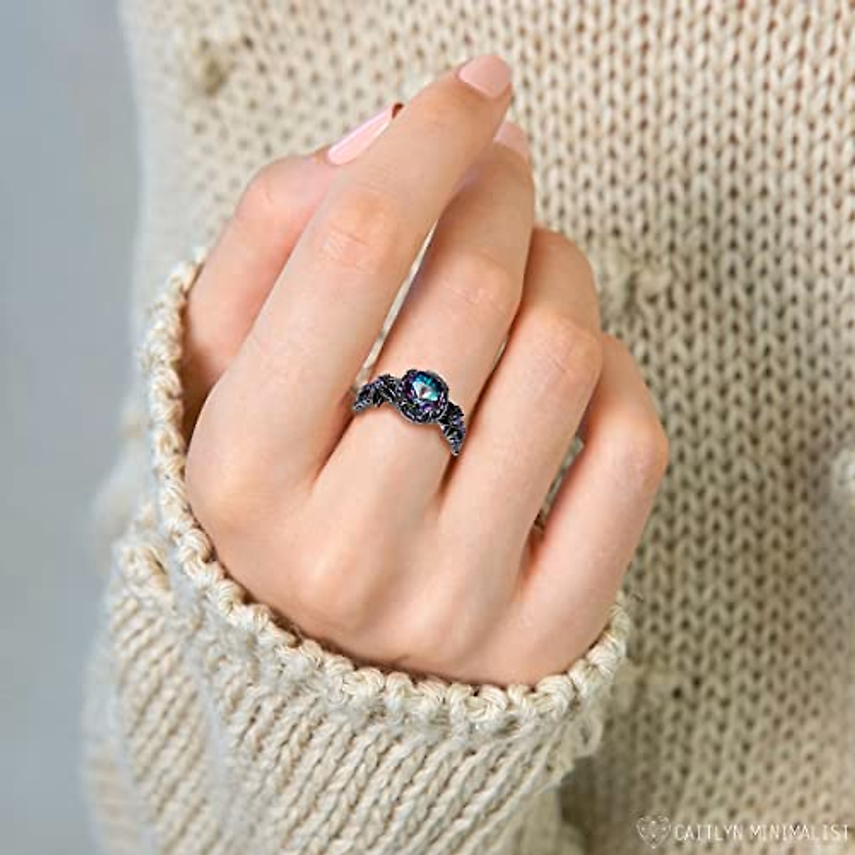 Tsnamer Gothic Black Rings for Women, Mystic Rainbow Topaz with Created Amethyst Flower Goth Black Gold Wedding Engagement Ring Size 6 to 11