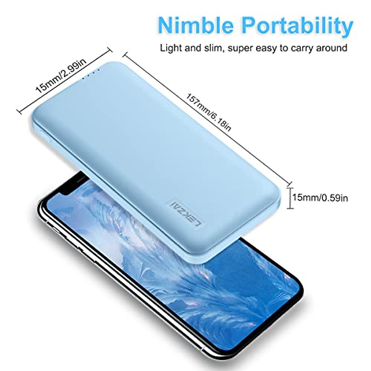 Lekzai USB-C Portable Phone Charger, Portable Charger with 3 Charging Outputs, 15,000mAh Slim Power Bank Fits for iPhone Samsung Tablet etc.