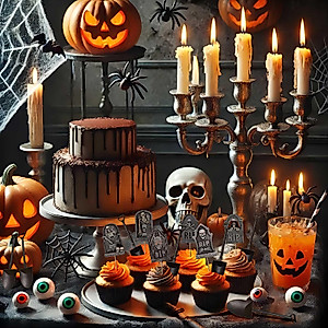 INACORN 48PCS Halloween Cupcake Toppers - Halloween Cake Decorations & Halloween Birthday Party Decorations - Graveyard Tombstone Cupcake Toppers with Novelty Mini Shovel Spoons