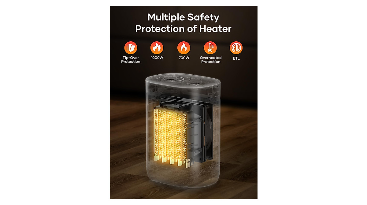 1000W Small Space Heater with Overheat & Tip-Over Protection