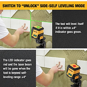 PREXISO Laser Level, 65Ft Self Leveling Cross Line Laser Level, Green Line leveler Tool for Hanging Picture, Floor Tile, Home Renovation with LED Indicator & 2 AA Batteries (360°Clamp)