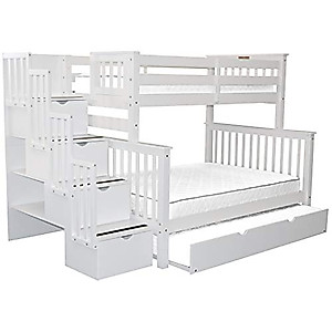 Bedz King Stairway Bunk Beds Twin over Full with 4 Drawers in the Steps and a Full Trundle, White