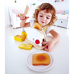 Hape White Wooden Pop-Up Toaster Set Pretend Play Breakfast Accessories for Preschoolers