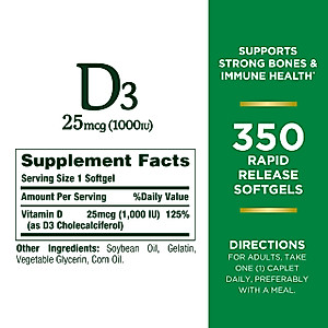 Nature's Bounty Vitamin D3 1000 IU Softgels, Immune Support, Promotes Healthy Bones, 350 Ct
