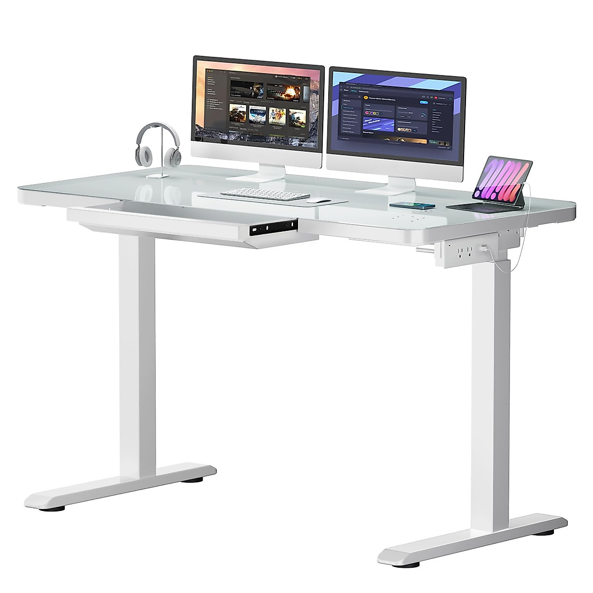 ERGOMORE Glass Standing Desk with Drawers, 45 x 23 inch Touch Control Adjustable Height Desk with Power Outlet, USB Ports & Wireless Charging, Dual Motor Sit Stand up Desk for Home & Office (White)