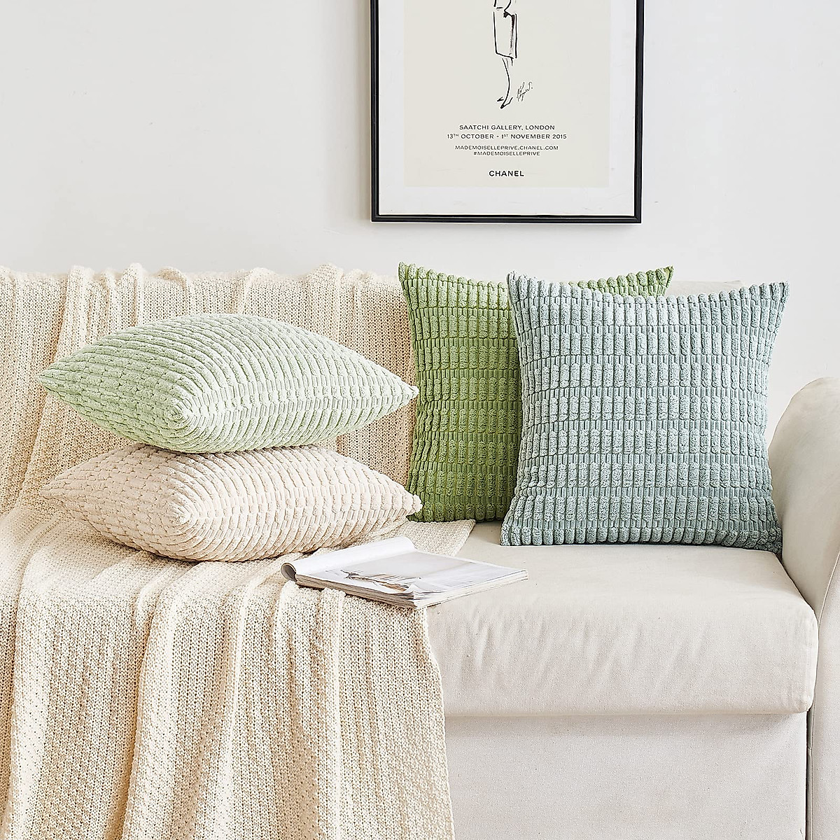 EMEMA Corduroy Decorative Throw Pillow Covers 18x18 Inch Soft Striped Corduroy Square Cushion Case Boho Home Decor for Living Room Couch Bed Sofa Farmhouse, Pack of 2, Cream White