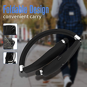 Bluetooth Foldable Headphones Neckband Wireless Headset Retractable Earbuds HD Stereo Noise Cancelling Earphones with Mic by CaYoumi (Call Vibrate Alert, 12 Hours Talktime, Black)
