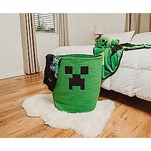 Minecraft Green Creeper Woven Cotton Rope Hamper Storage Basket For Laundry, Dirty Clothes Organizer