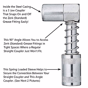Slippery Pete 90 Degree Grease Coupler Snaps on to Grease Fittings in Tight Spaces