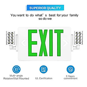 Spectsun 1 Pack Exit Signs with Emergency Lights,120-277VAC -LED Combo Emergency Light with Backup Battery-Double Face UL Listed Green Letter Exit Sign Lighting-Hard Wired-Fire Resistant