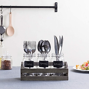 MyGift Gray Solid Wood Kitchen Countertop Flatware Utensil Holder, Casual Dining Flatware Caddy with 3 Mason Jars and Chalkboard Labels