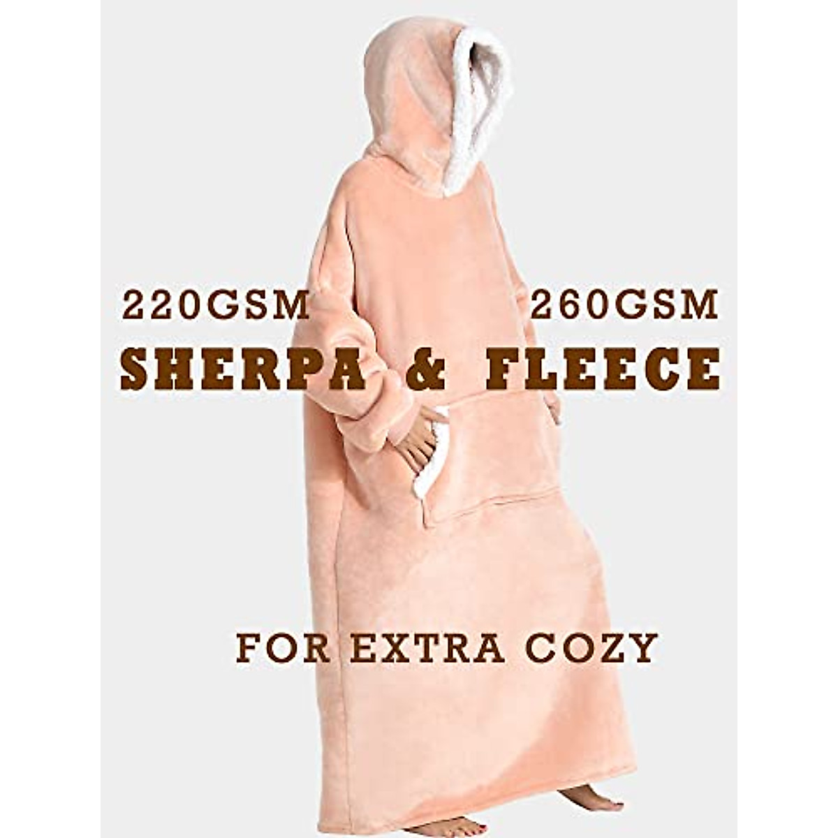 Jugbey Oversized Lengthened Wearable Blanket Hoodie for Women Men,Cozy Fuzzy Sherpa & Fleece Hooded Blankets,Big Blanket Sweatshirt with Sleeves & Giant Pocket Pink