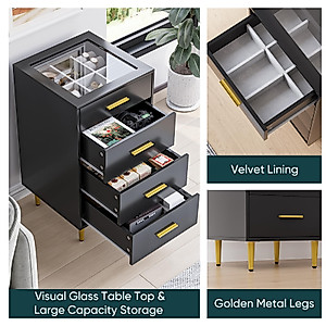 Semiocthome White Chest of 4 Drawers with Glasstop and Velvet Lining, Vanity Desk Side Cabinet for Jewelry Display, Tall Nightstand for Bedroom, Storage Cabinets Jewelry Storage Drawer for Women