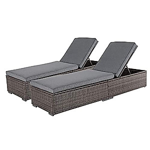 JOIVI Outdoor Chaise Lounge Chair, Patio Pool Lounge Chairs for Outside, Rattan Reclining Chaise Lounger with Adjustable Backrest and Removable Cushion, Gray PE Wicker (Set of 2)