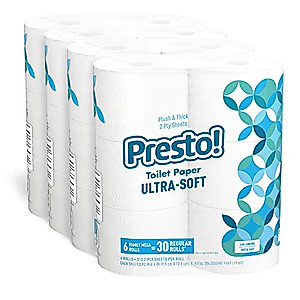 Amazon Brand - Presto! 2-Ply Toilet Paper, Ultra-Soft, Unscented, 24 Rolls (4 Packs of 6), Equivalent to 120 regular rolls