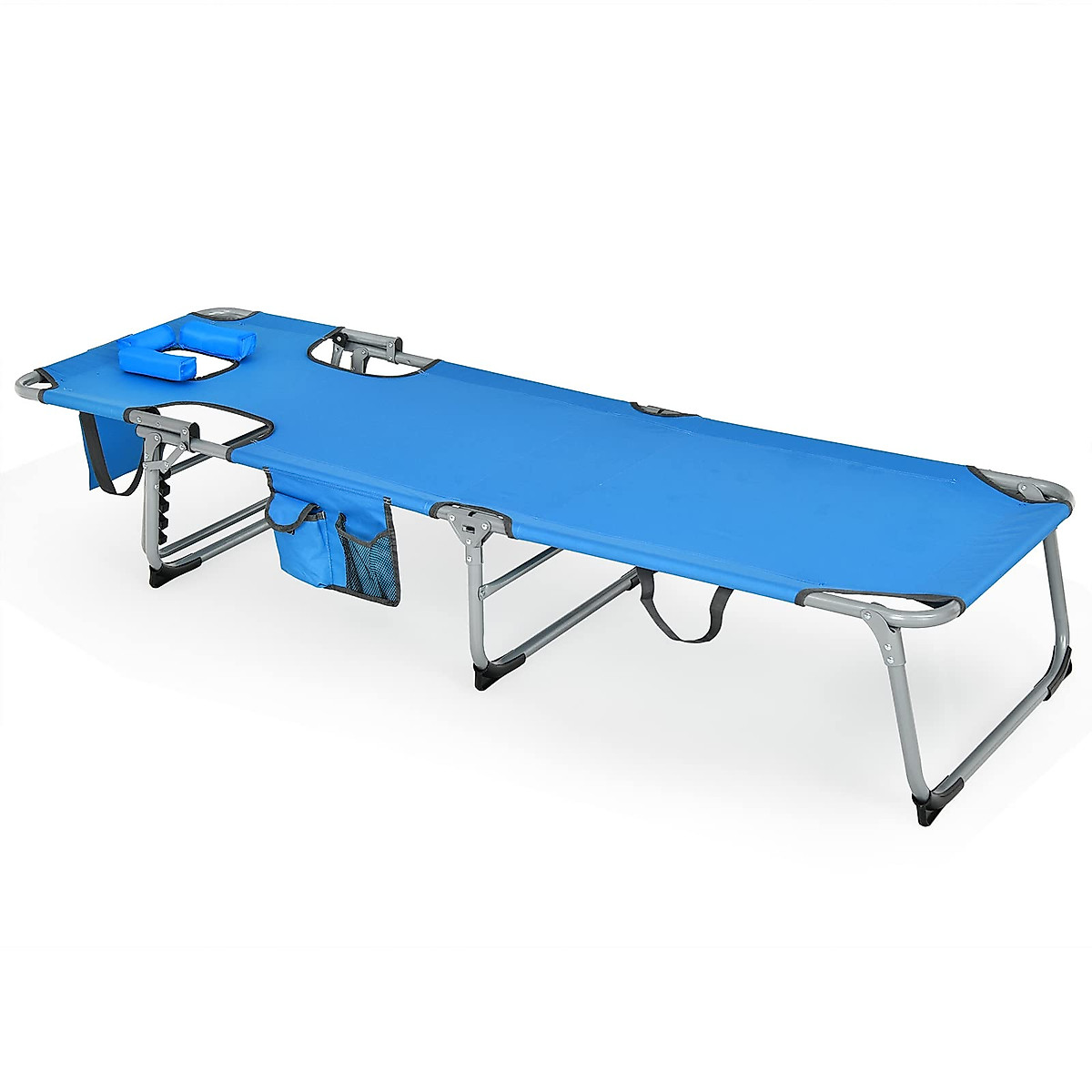 Tangkula Beach Chaise Lounge Chair with Hole for Face, Patio Folding Adjustable Reclining Beach Sunbathing Chair with Side Pocket, Portable Face Down Tanning Chair for Outdoor Backyard Poolside (2)