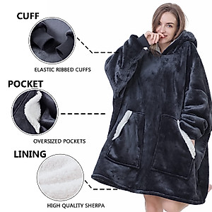 Kipswiza Oversized Sherpa Blanket Hoodie for Adult Women Men Teen - Thick Warm Wearable Hooded Sweatshirt Blanket Black