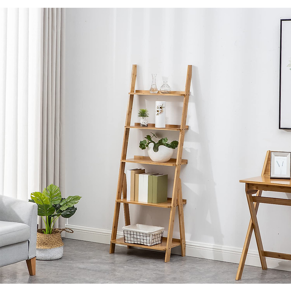 SOBIBO Ladder Shelf, 5-Tier Leaning Shelf, Free Standing Organizer Storage Shelves, Storage Rack Shelf for Office, Living Room, Nature