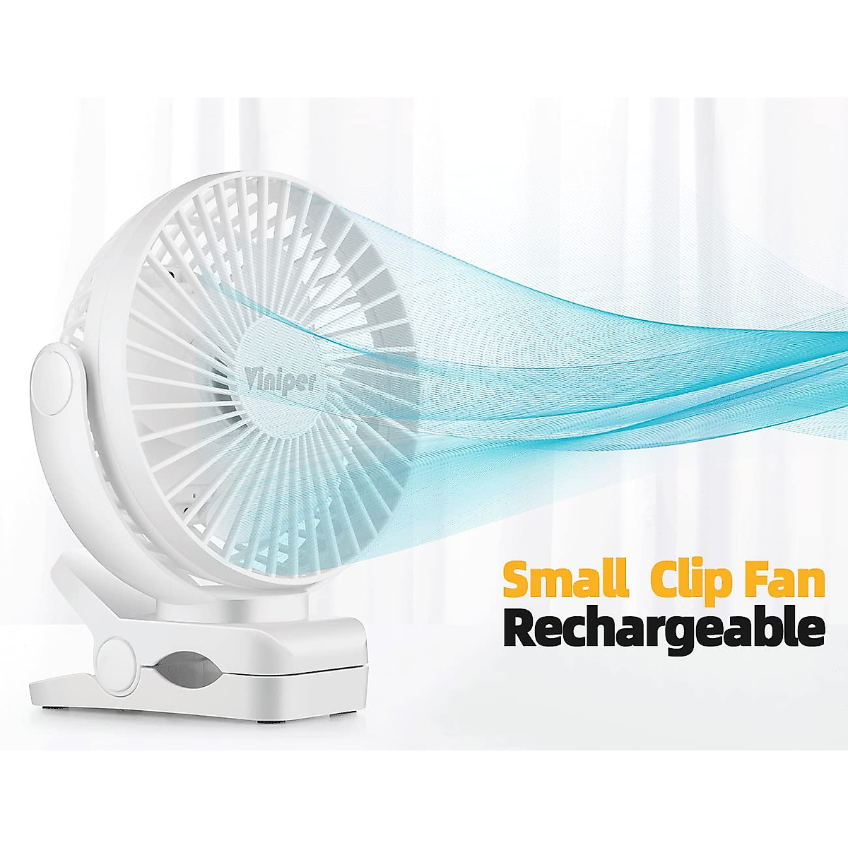 Viniper 6 inch Rechargeable Clip on Fan, 5000mah Battery Desk Fan : 360° Rotation & 3 Speeds Strong Wind Portable Fan, 8-30 Working Hours, Quiet and Powerful (White)