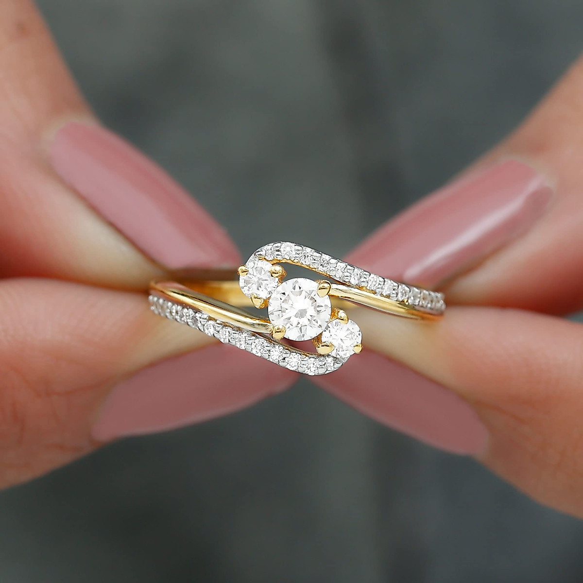 Diamond Past Present Future Bypass Ring | HI-SI Quality | Three Stone Promise Engagement Jewelry for Her, 14K Yellow Gold, Size:US 5.00