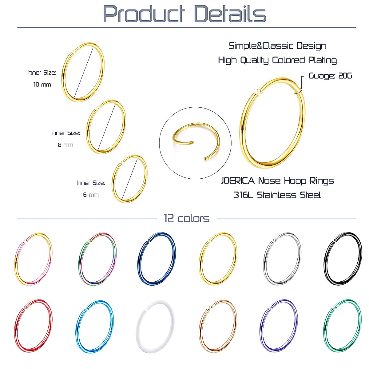 JOERICA 36PCS 20G Stainless Steel Nose Ring Hoop for Women Men Nose Piercing Jewelry Septum Ring Lip Cartilage Helix Hoop Piercing 6MM 8MM 10MM