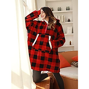 Fantaslook Wearable Blankets Quarter Zipper Blanket Hoodie Microfiber & Sherpa Oversized Sweatshirt for Women & Men（Checkered）