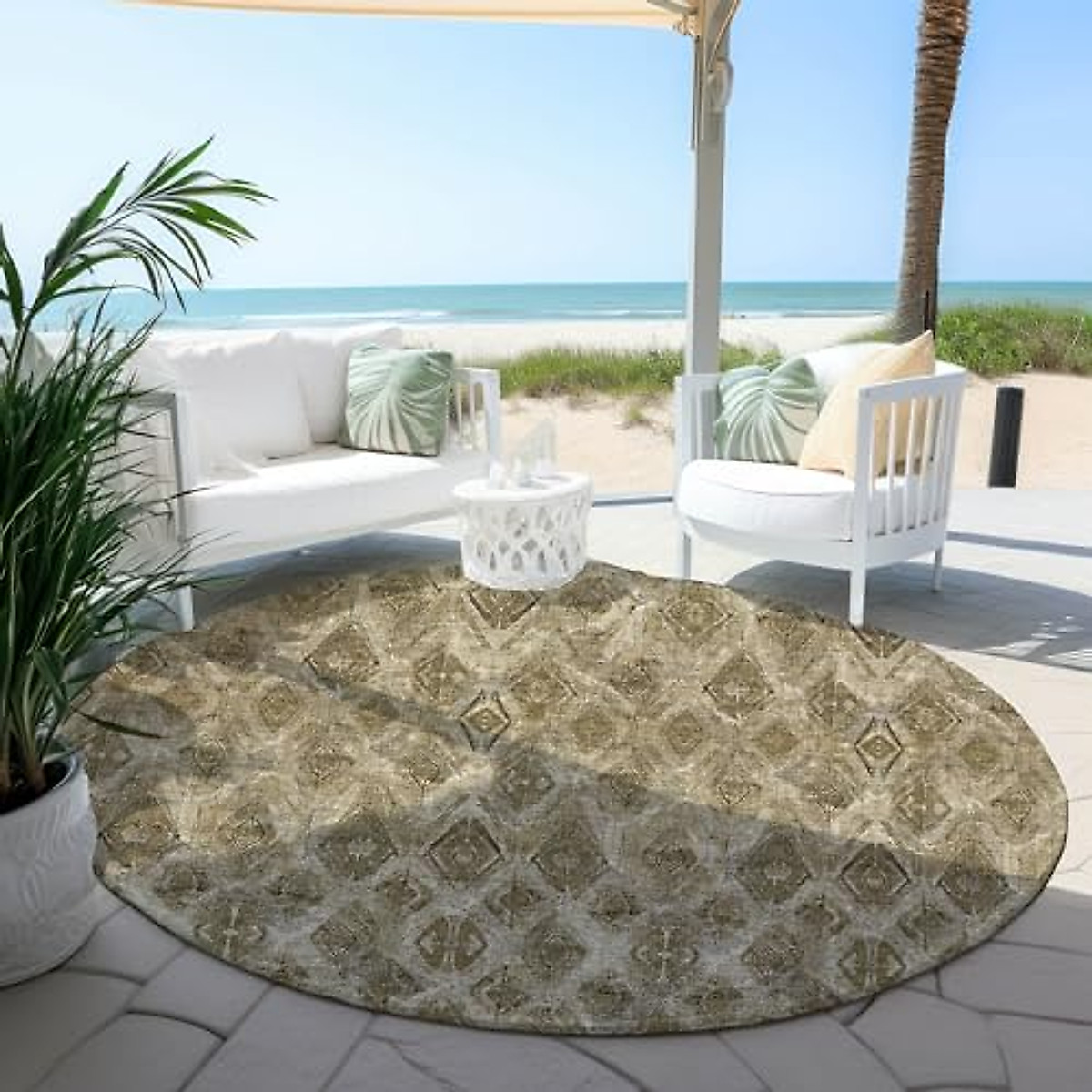 Addison Rugs Chantille ACN622 Mocha 8' x 8' Indoor Outdoor Round Rug, Easy Clean, Machine Washable, Non Shedding, Bedroom, Living Room, Dining Room, Kitchen, Patio Rug