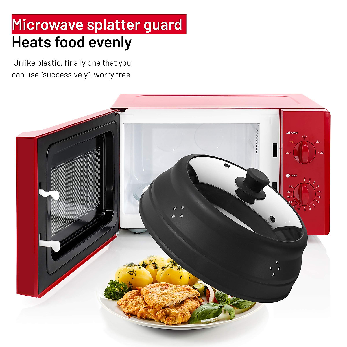 Bezrat Vented, 12-inch Collapsible Microwave Plate Cover for Food, Black - Silicone and Glass Splatter Guard Lid - Fits Plates, Bowls and Meal Prep Containers up to 11.8 x 4 Inch (Black)